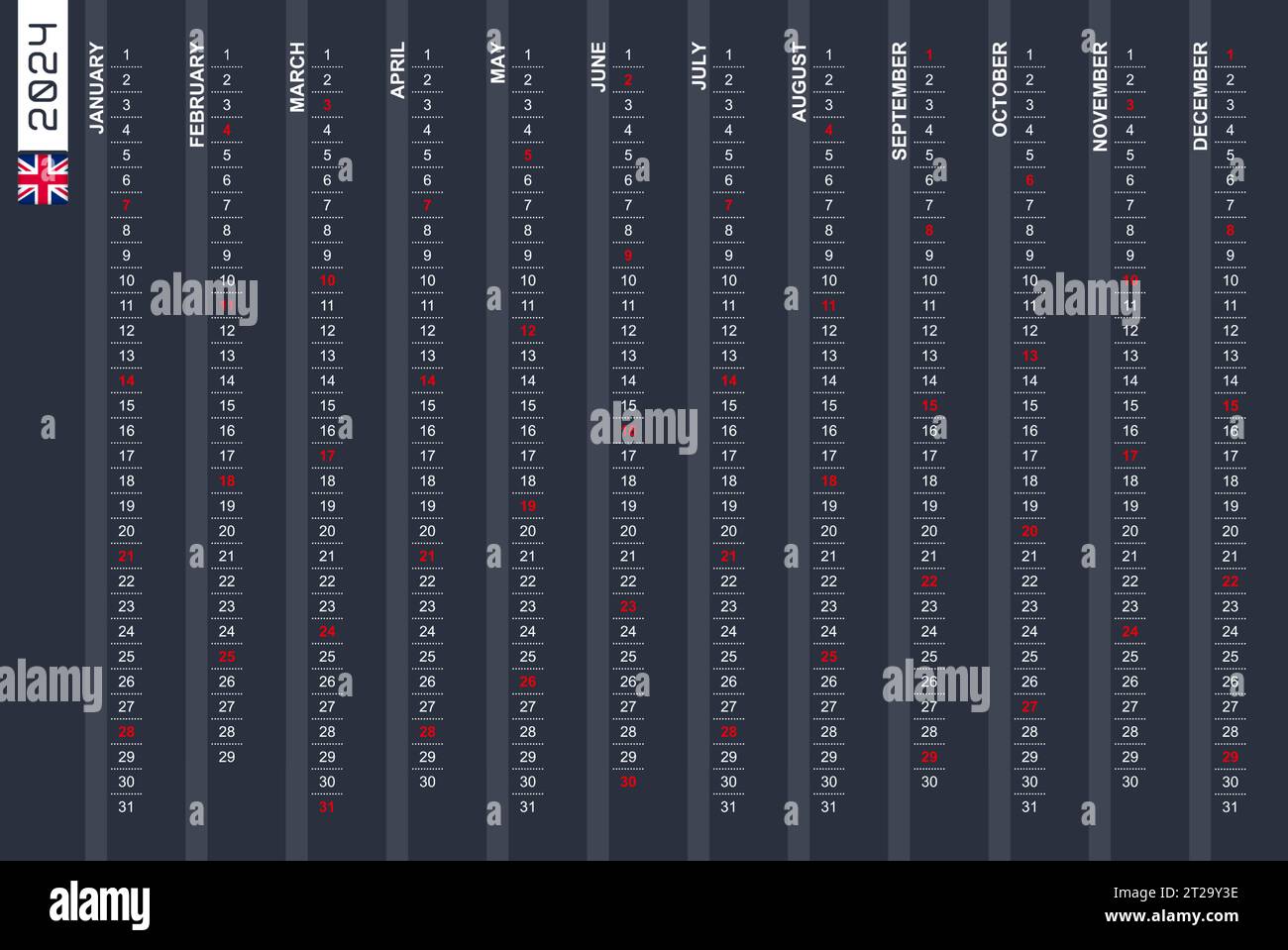 Calendrier vertical à une rangée pour l'année 2024 en anglais ...
