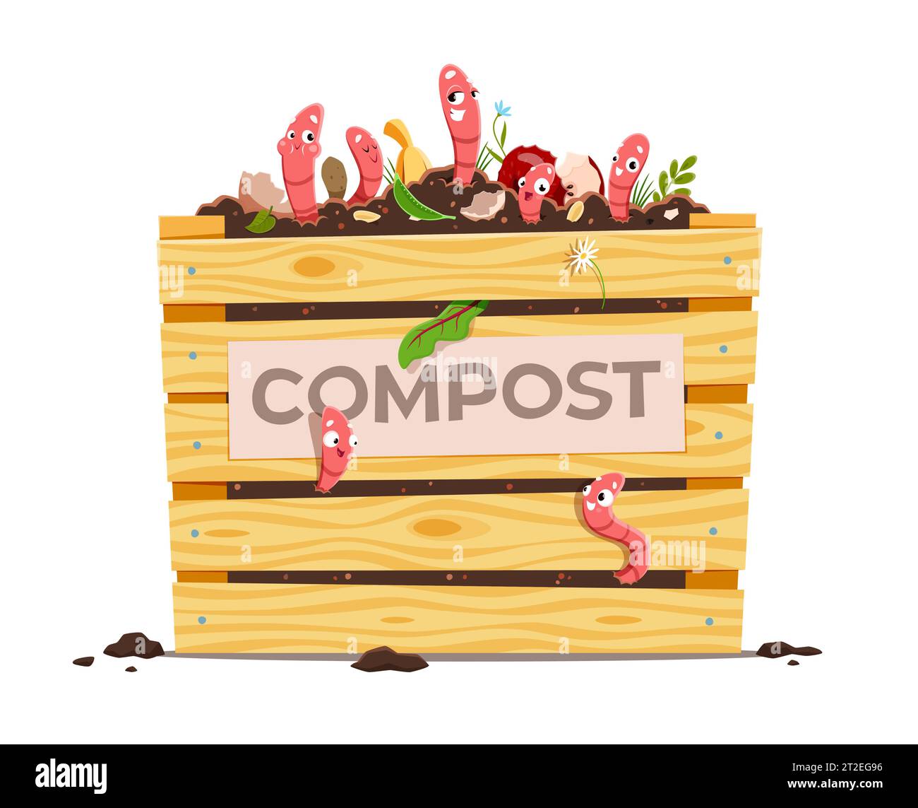 Boîte en bois de compost avec des vers de terre de dessin animé drôles ...