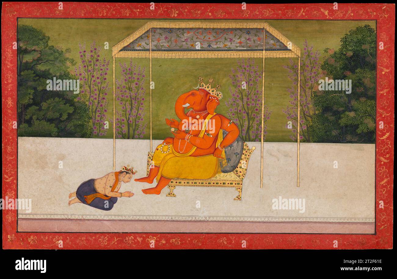 Indra adore le Dieu à tête d'éléphant Ganesha, assis sur un trône ...