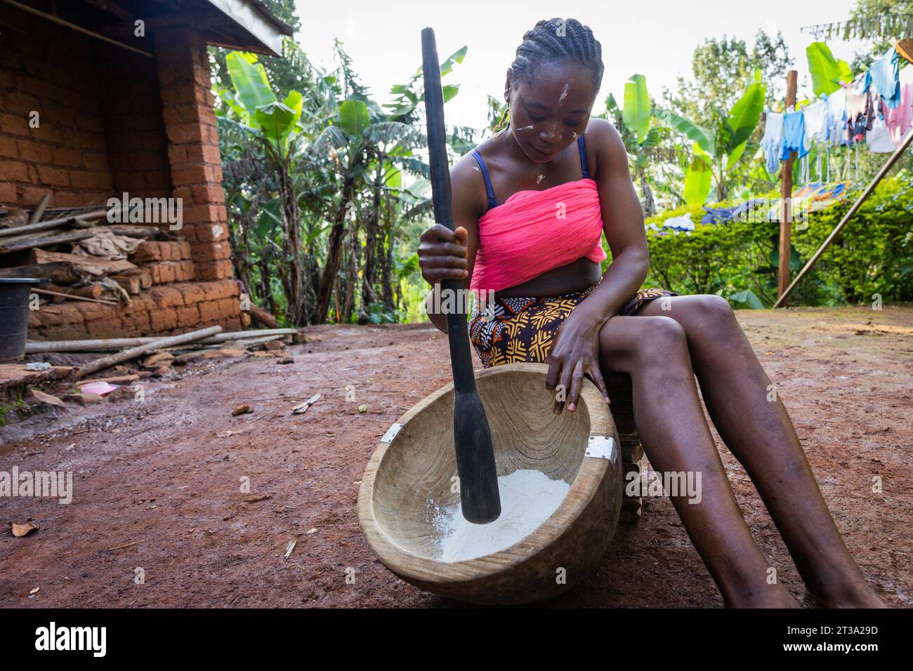 Jeune femme africaine vivant dans une zone rurale pilonnant l'igname pour cuisiner du fufu pour ...