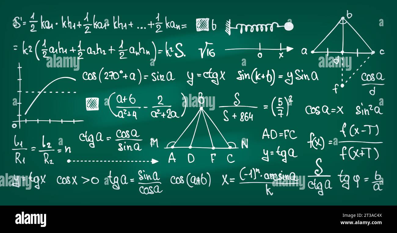 Symboles mathématiques au tableau. Tableau noir dessiné à la main avec équation mathématique ...