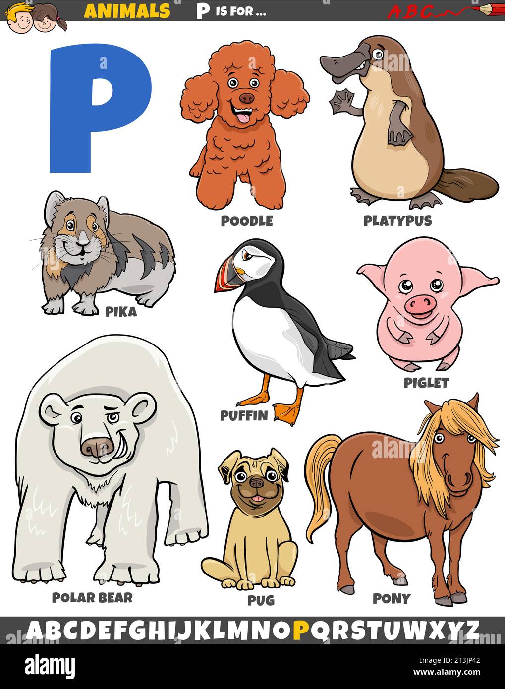 Illustration de dessin animé de caractères animaux mis pour la lettre P ...