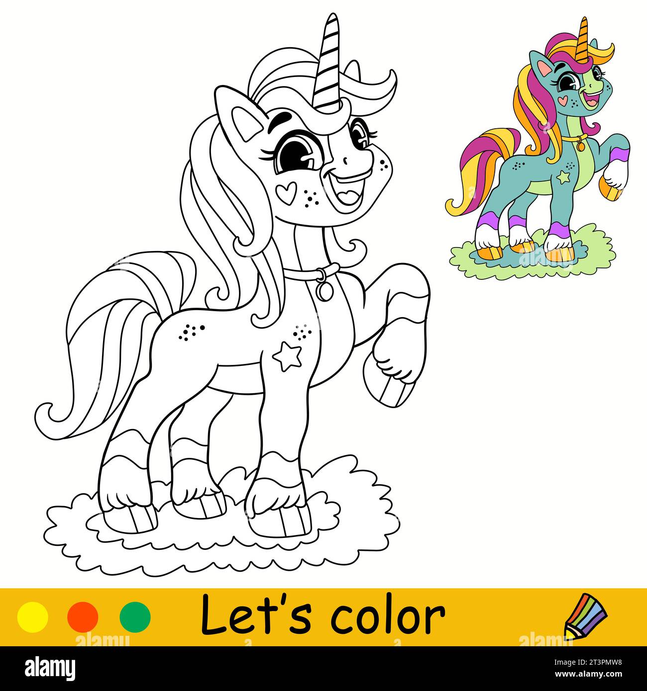 Dessin animé mignon licorne verte debout. Page de livre de coloriage ...