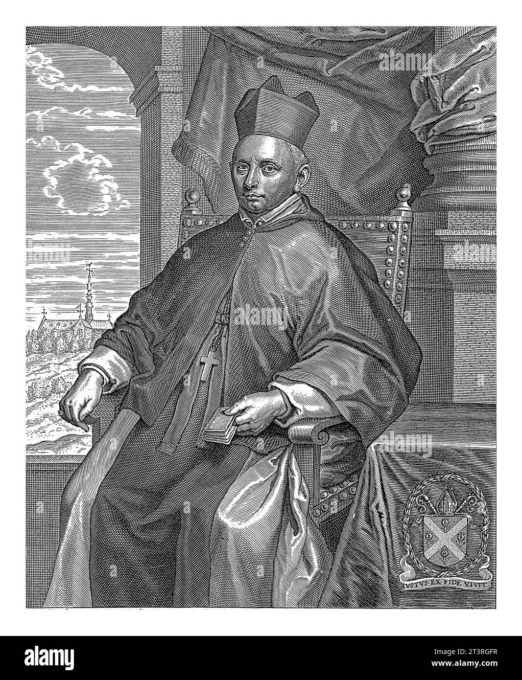 Portrait de l'abbé Judocus Gillis. A gauche par la fenêtre une vue d ...
