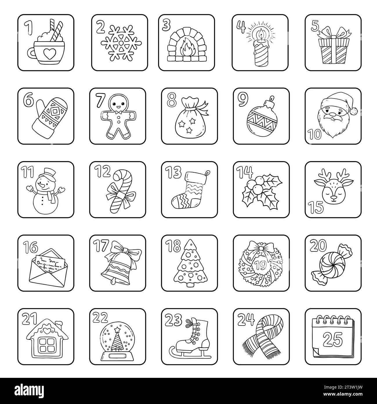 Calendrier de l'AVENT à colorier de Noël. Affiche vectorielle dessinée ...