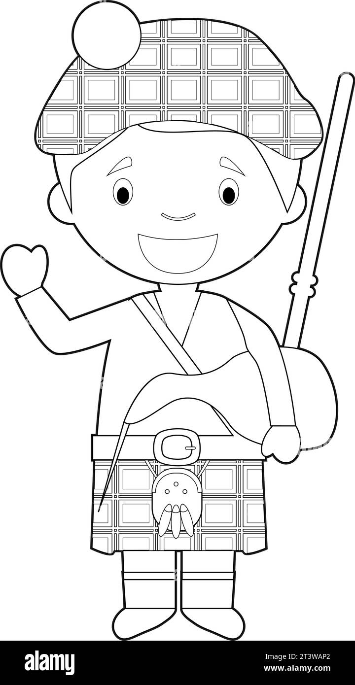 Personnage de dessin animé facile à colorier de l'Écosse habillé de ...