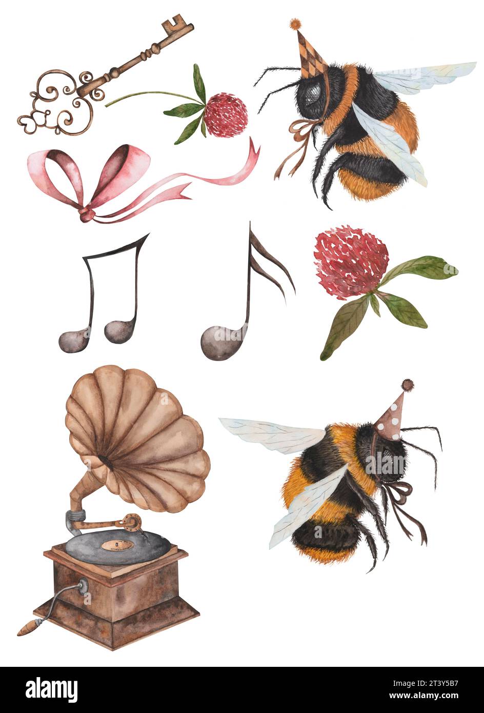 illustration à l'aquarelle de notes clés et de trèfle de gramophone ...