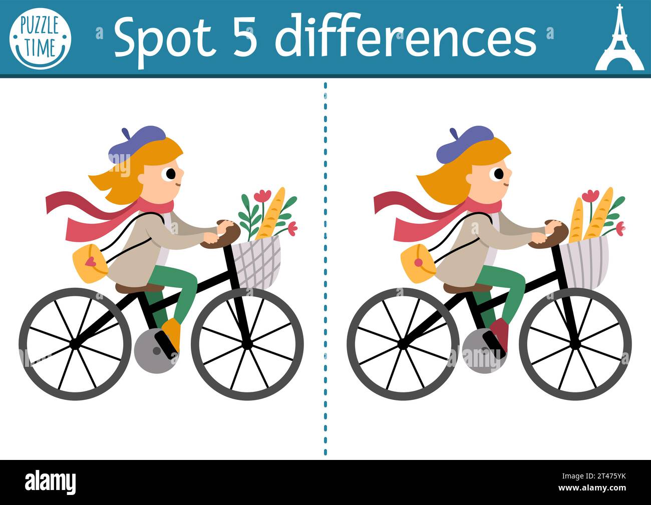 Trouver le jeu des différences pour les enfants. Activité éducative avec une jolie fille à vélo ...