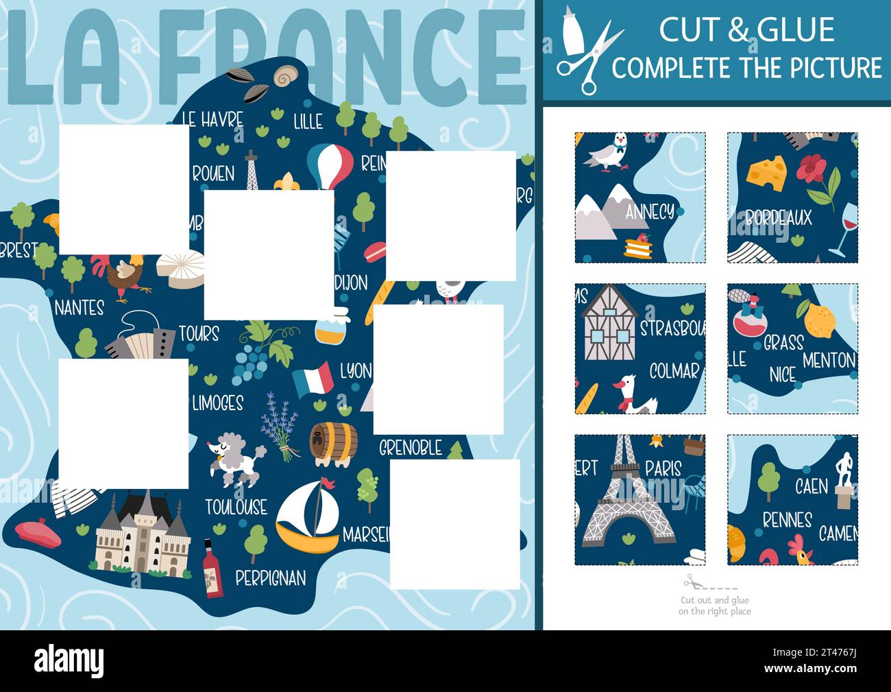 Vector French couper et coller activité. Jeu d'artisanat avec carte ...