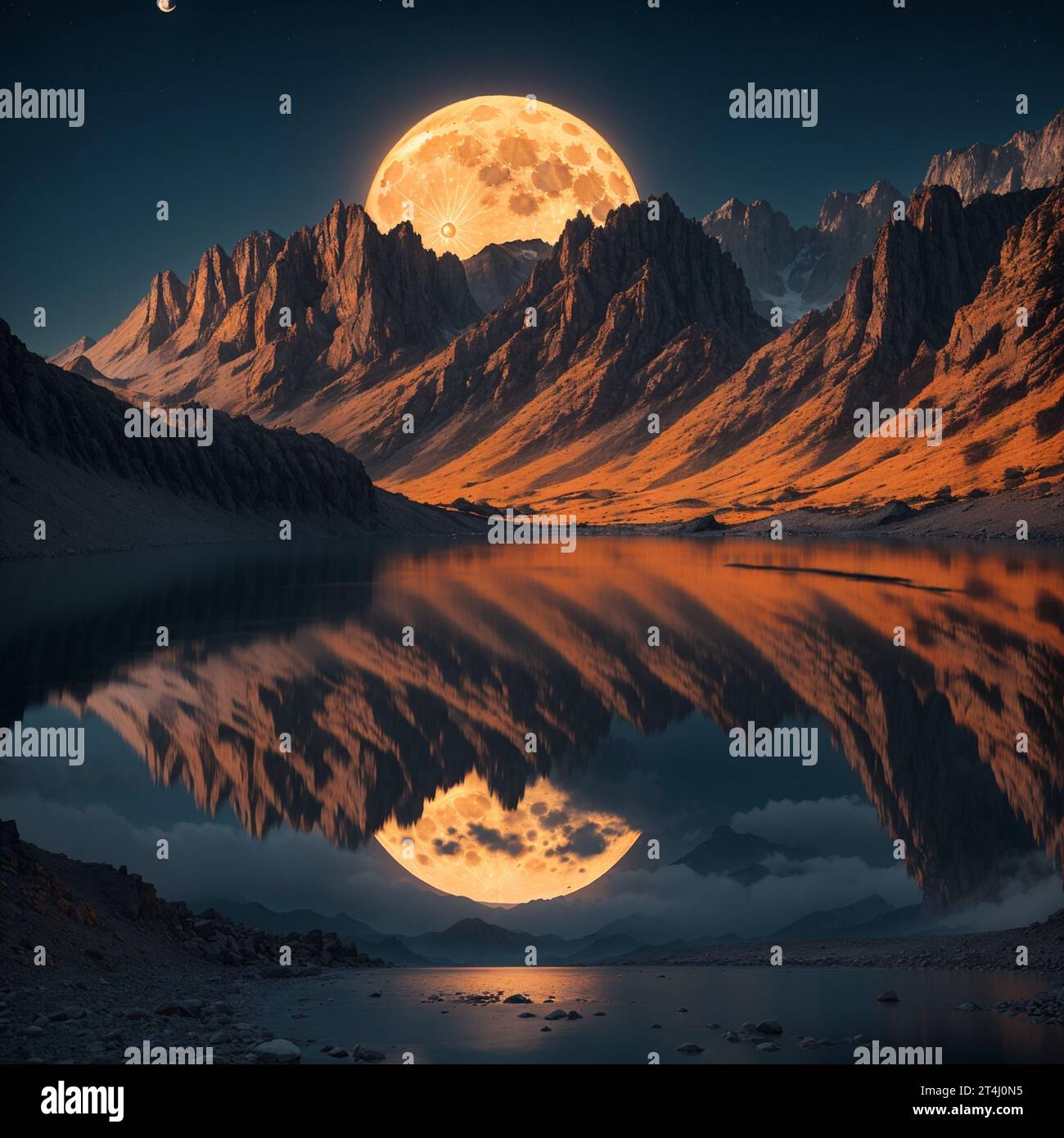 Une image vivante d'une pleine lune illuminée dans le ciel nocturne, son reflet visible dans un ...