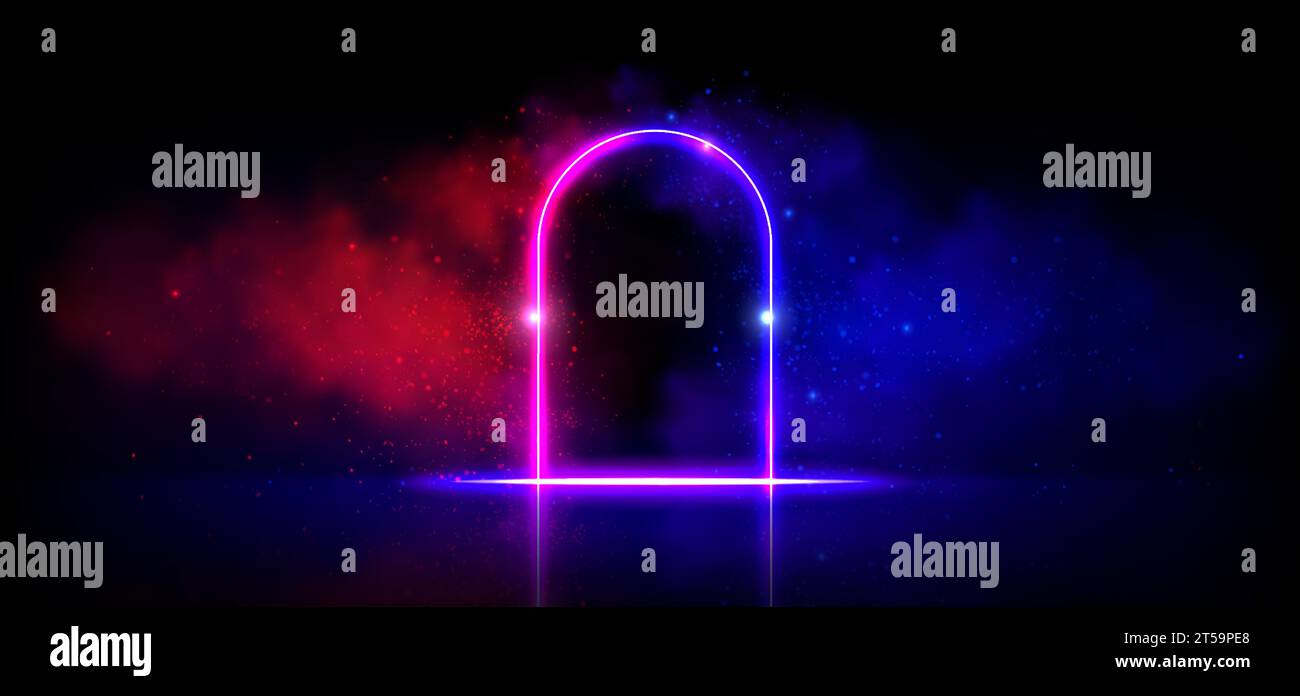 Cadre de porte en voûte avec effet néon brillant et vapeur. Cadre ...