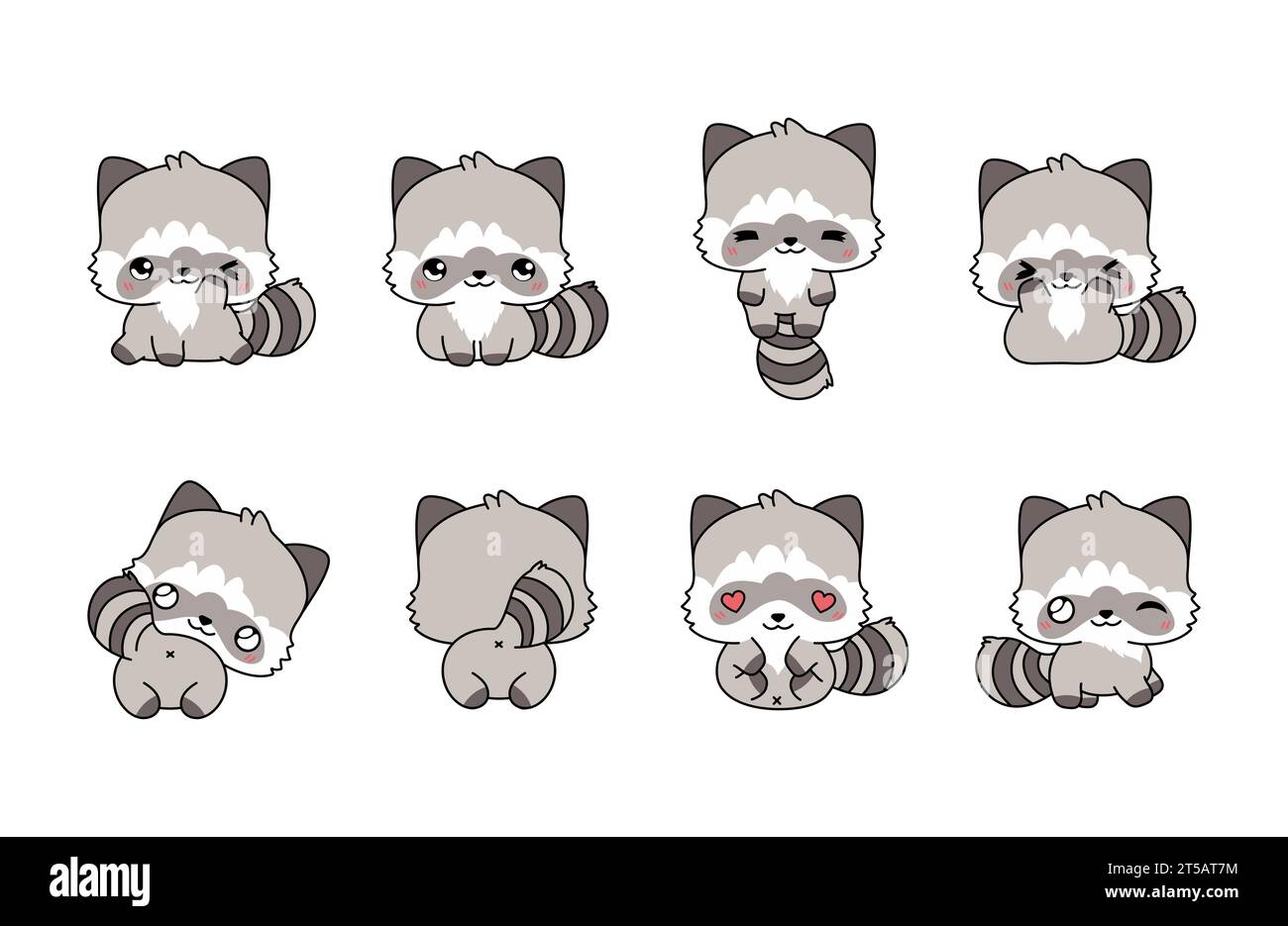 Ensemble de raton laveur isolé Kawaii. Collection d'illustrations ...