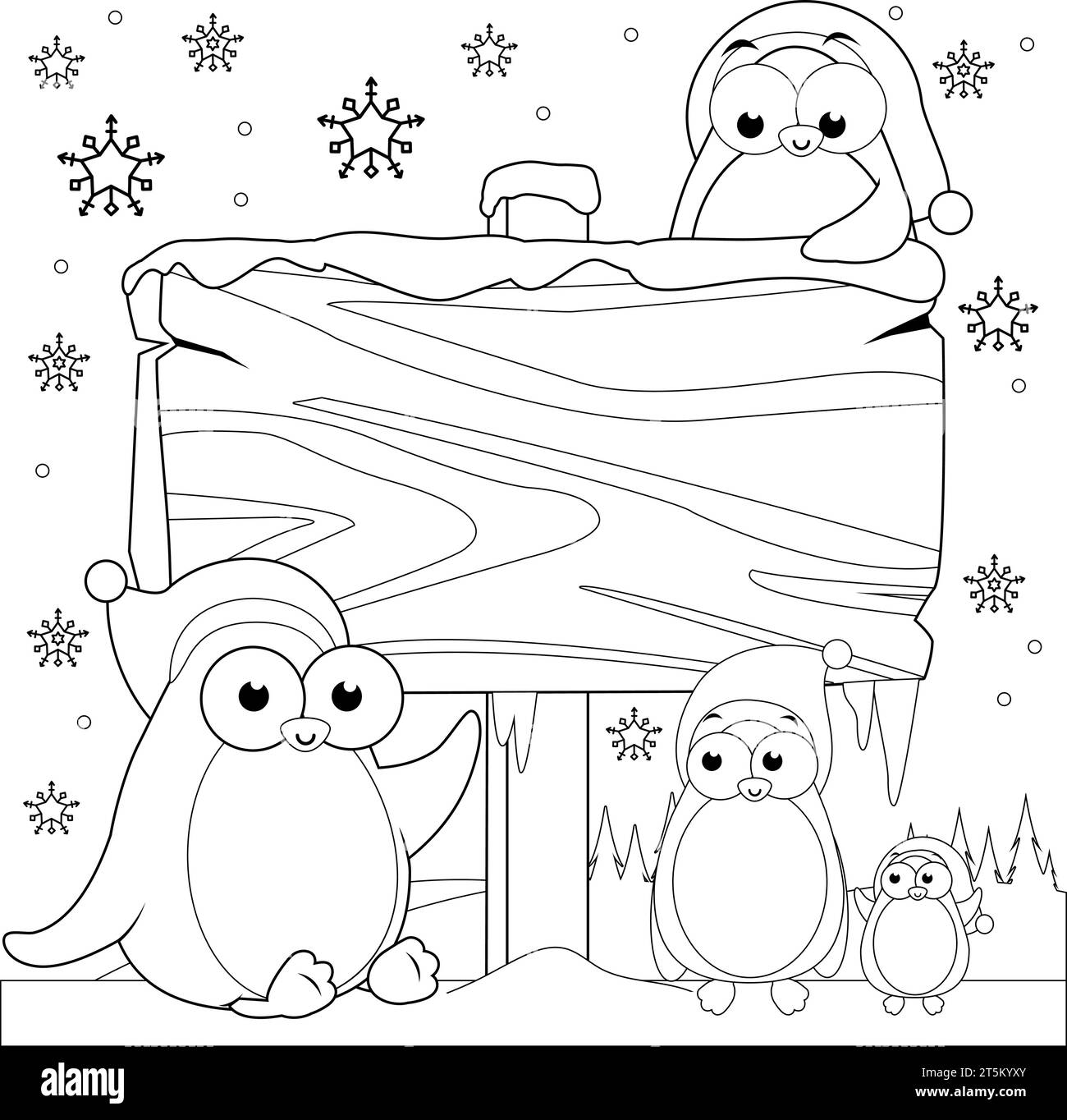 Paysage d'hiver de Noël avec des pingouins mignons et signe en bois ...