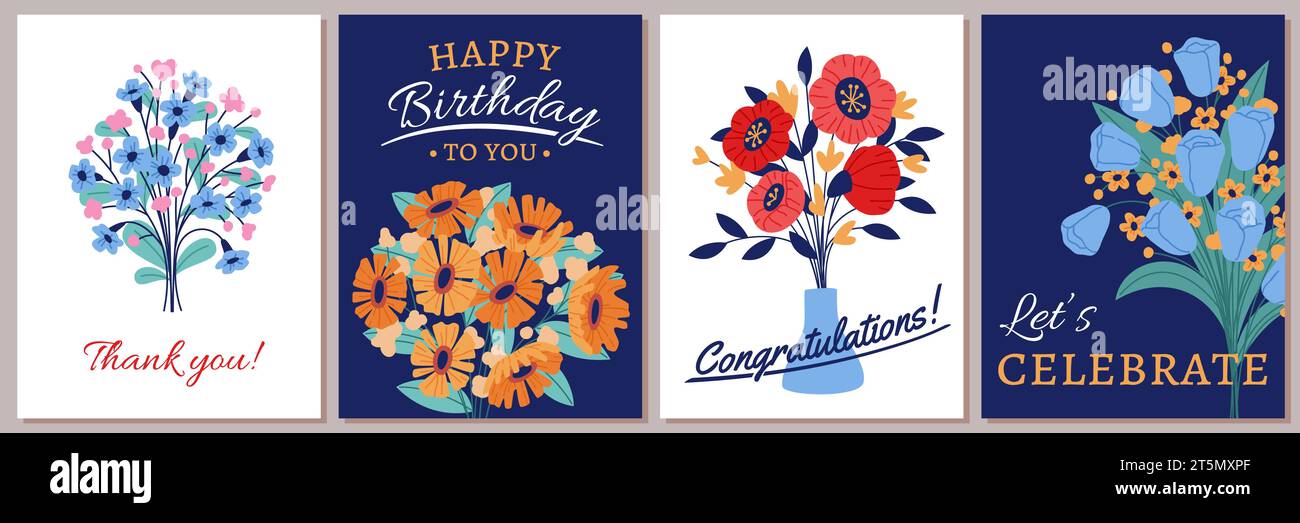 Cartes de bouquets de fleurs. Affiches mignonnes avec de belles ...