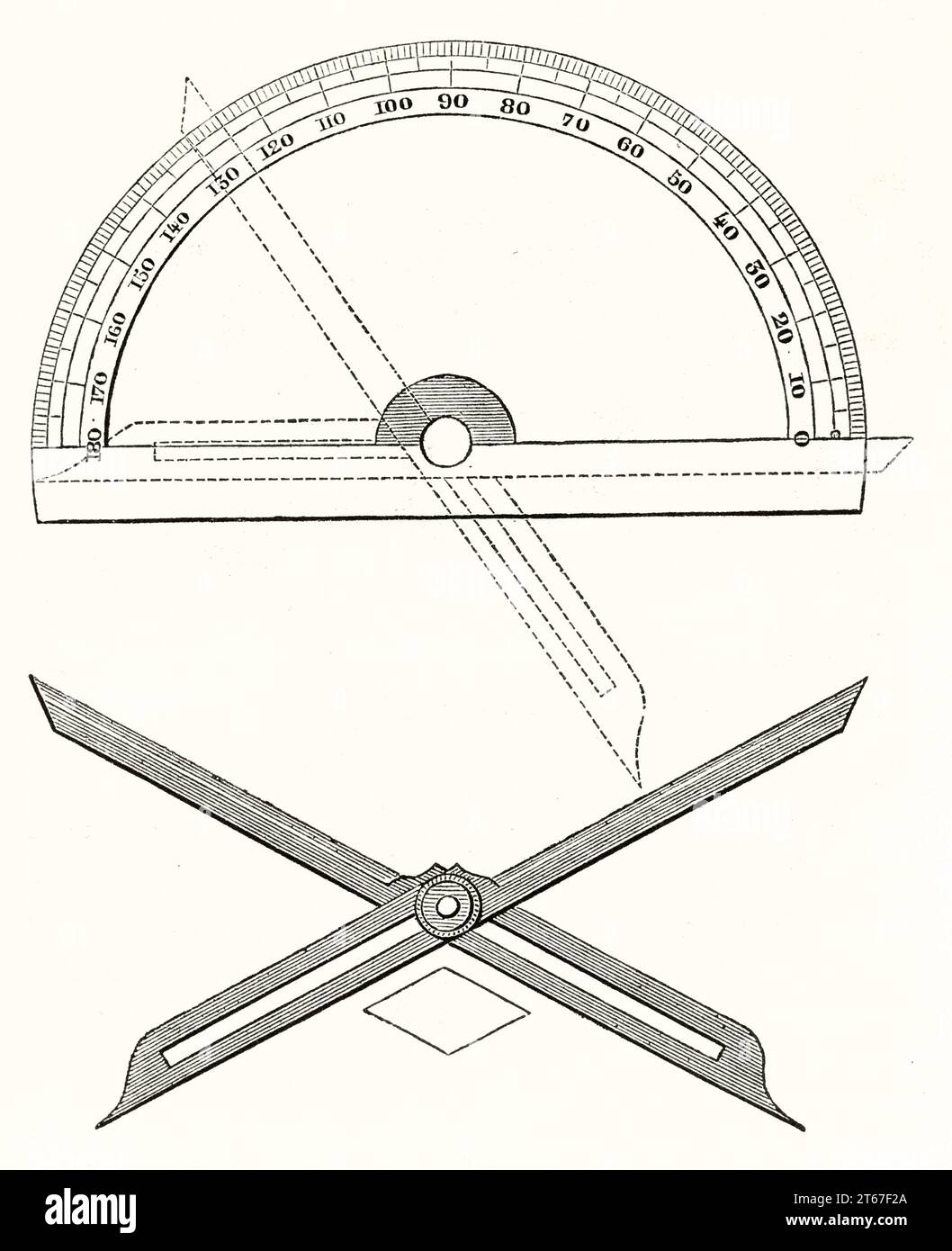 Ancienne illustration d'un rapporteur pour la mesure d'angles. Par ...