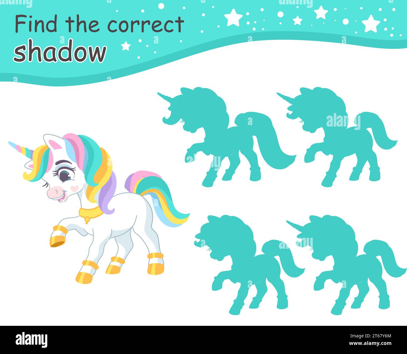 Trouvez l'ombre correcte. licorne royale de dessin animé mignon. Jeu ...