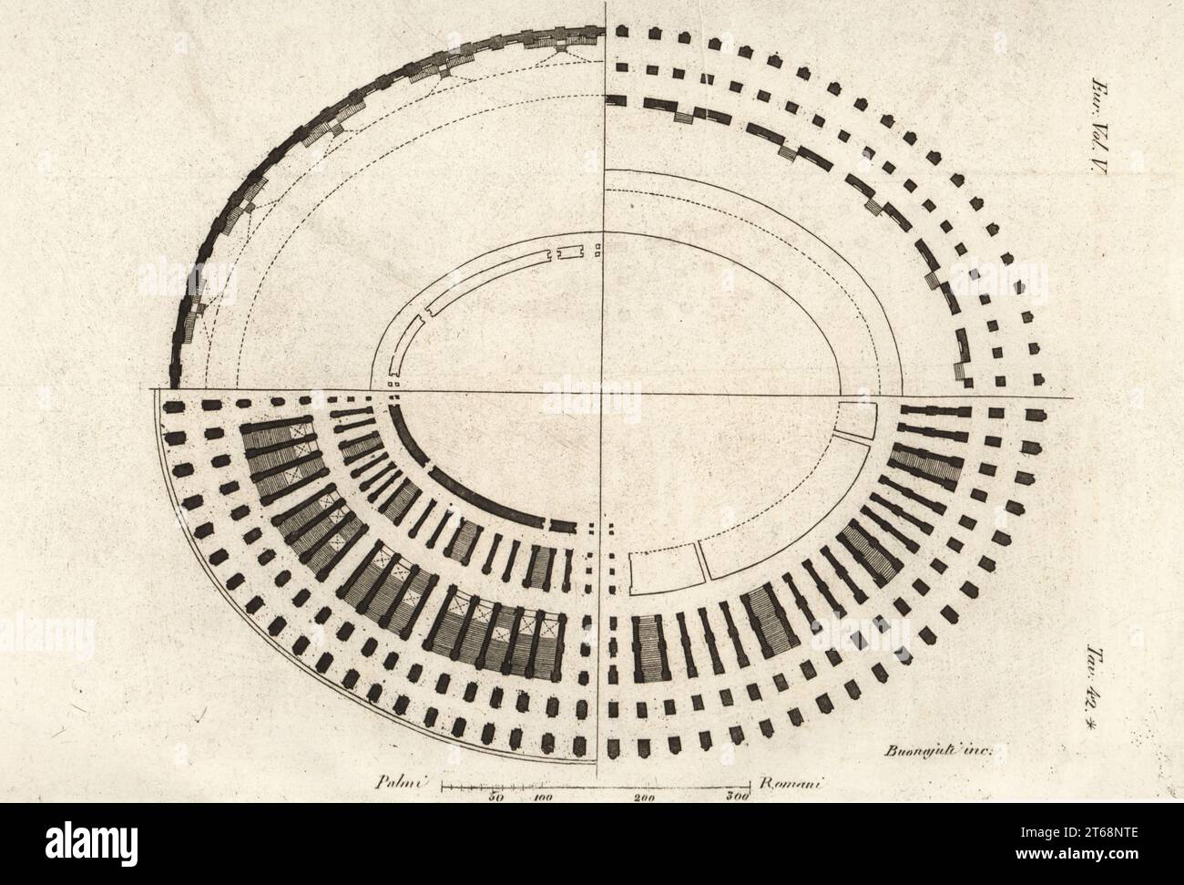 Plan de l'intérieur du Colisée, Rome. Montrant différentes couches de ...