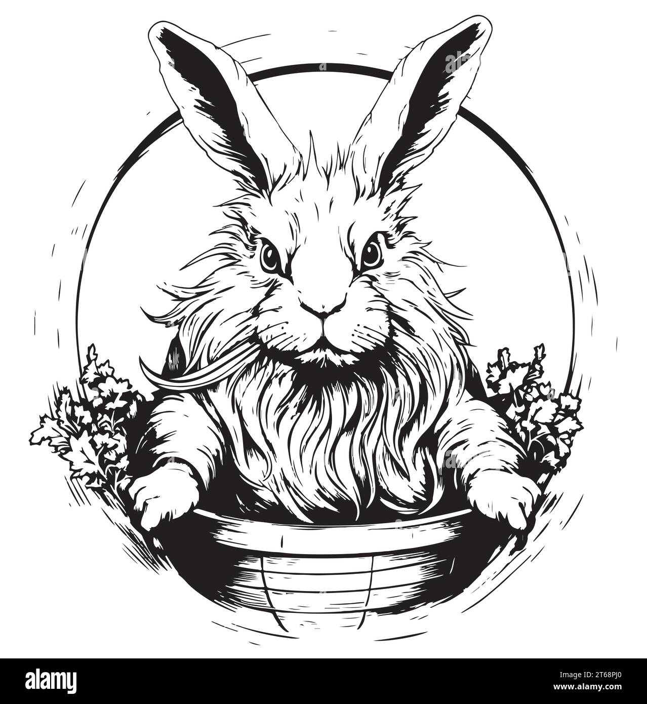 Mignon lapin de pâques dans un panier vue de côté croquis dessiné à la ...