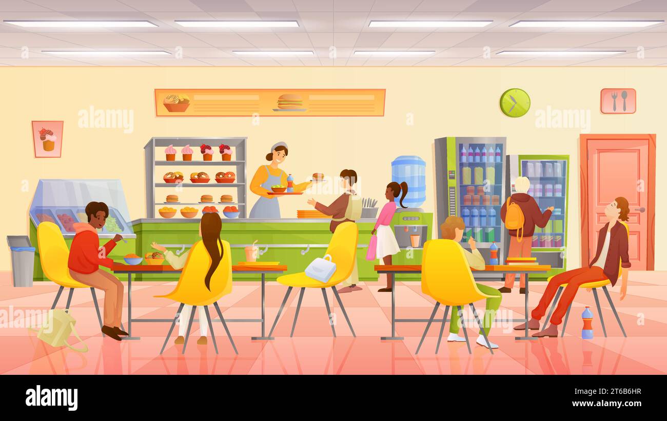 Déjeuner d'enfants dans l'illustration vectorielle de cantine d'école ...