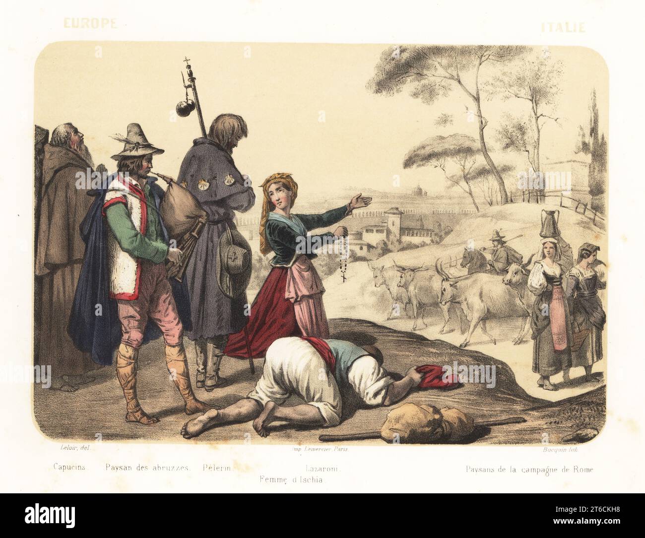Costumes du peuple italien, 1858. Moines capucins en robes brunes ...