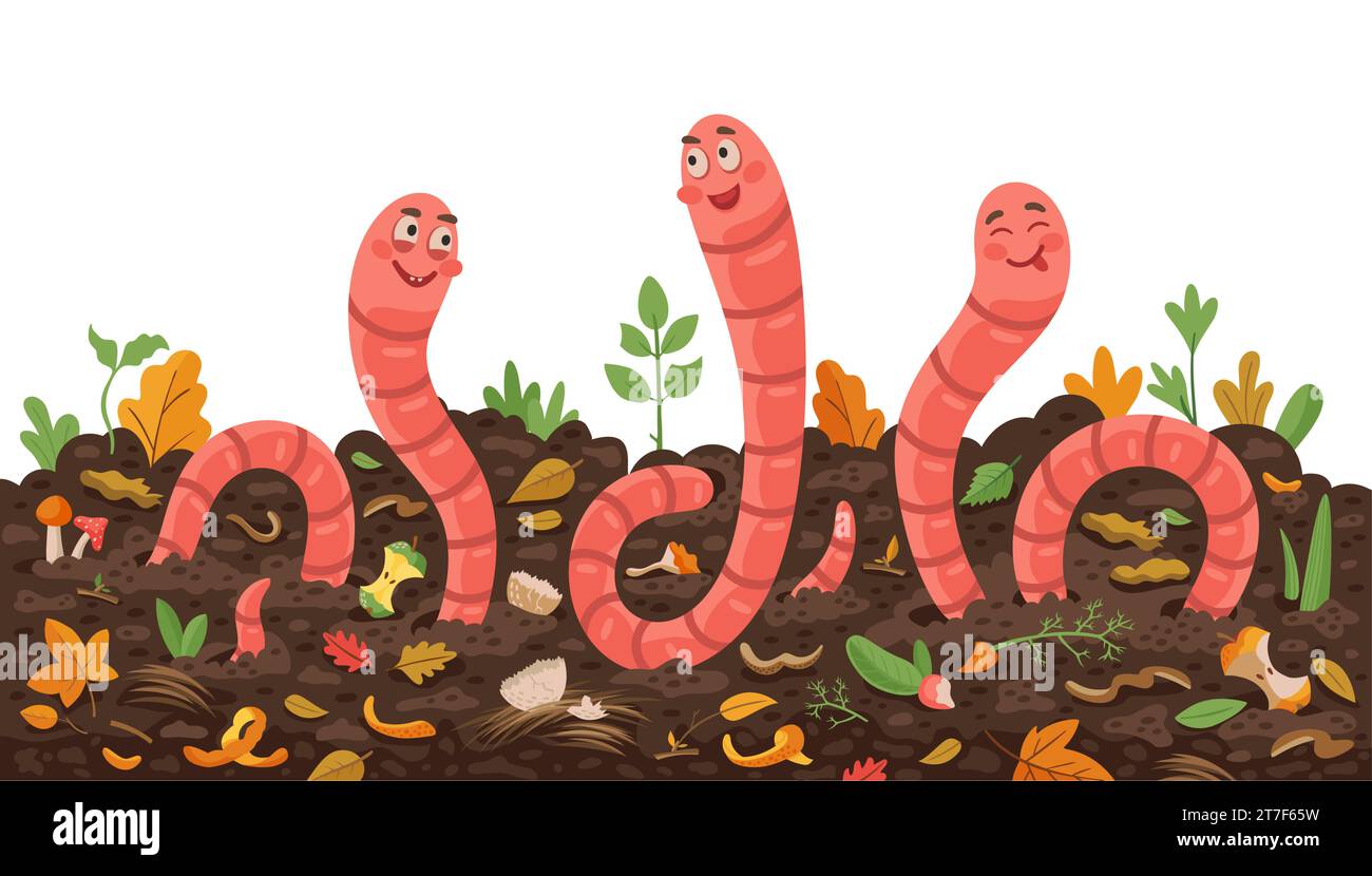 Trois vers de terre drôles de dessin animé dans le sol de compost avec ...