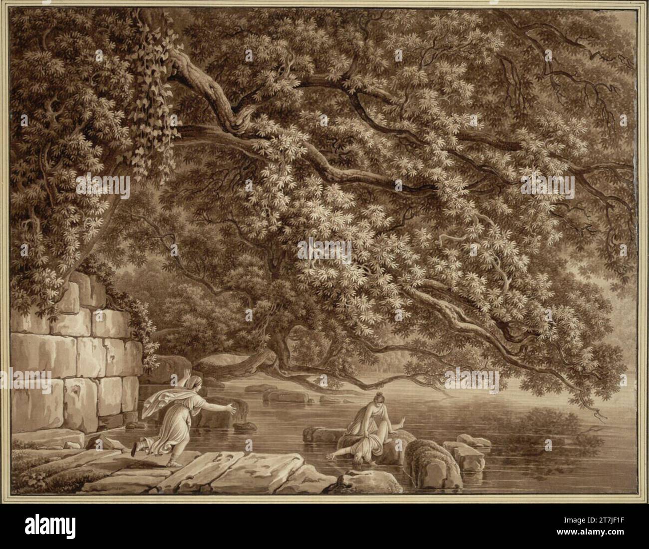 Johann August Nahl der Jüngere s'estompe de vieux arbres suspendus bien au-delà de la rive sur ...