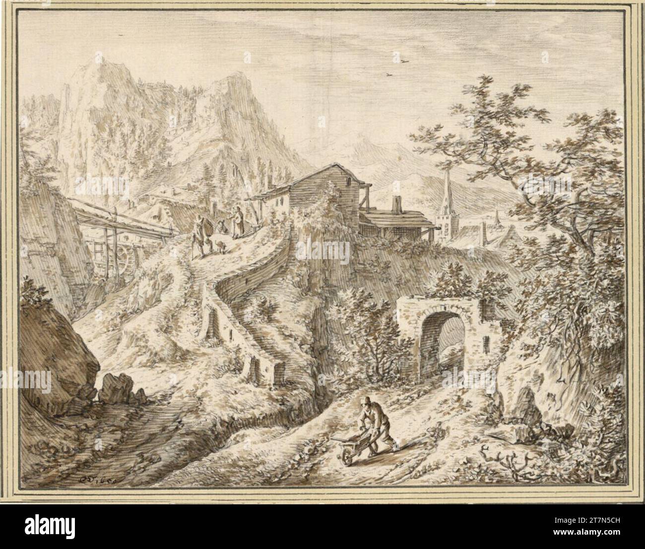Herman Saftleven vue d'un village de montagne, avec l'arche et le mur ...
