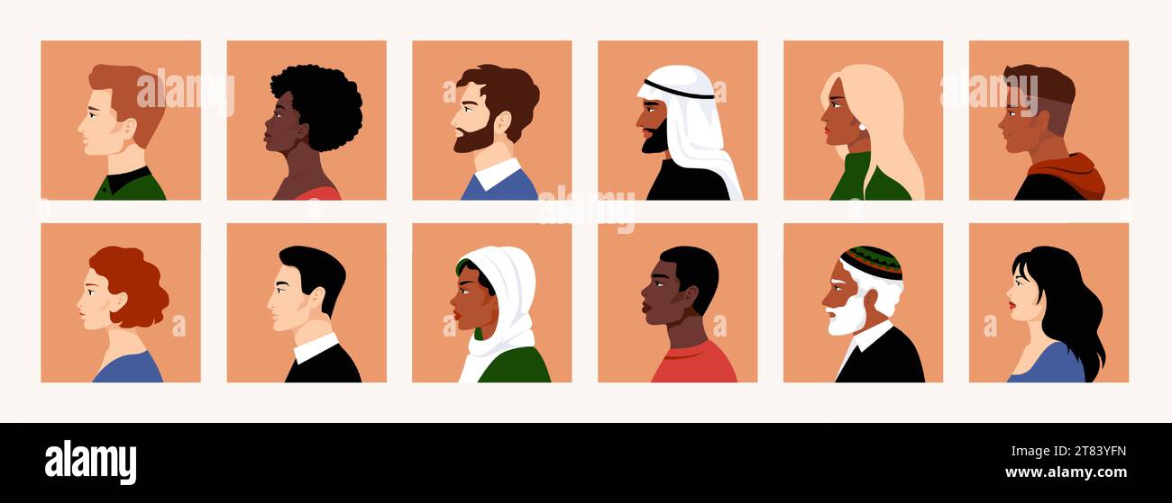 Visages des gens. Portrait de femme et d'homme ou vue latérale d'avatar ...