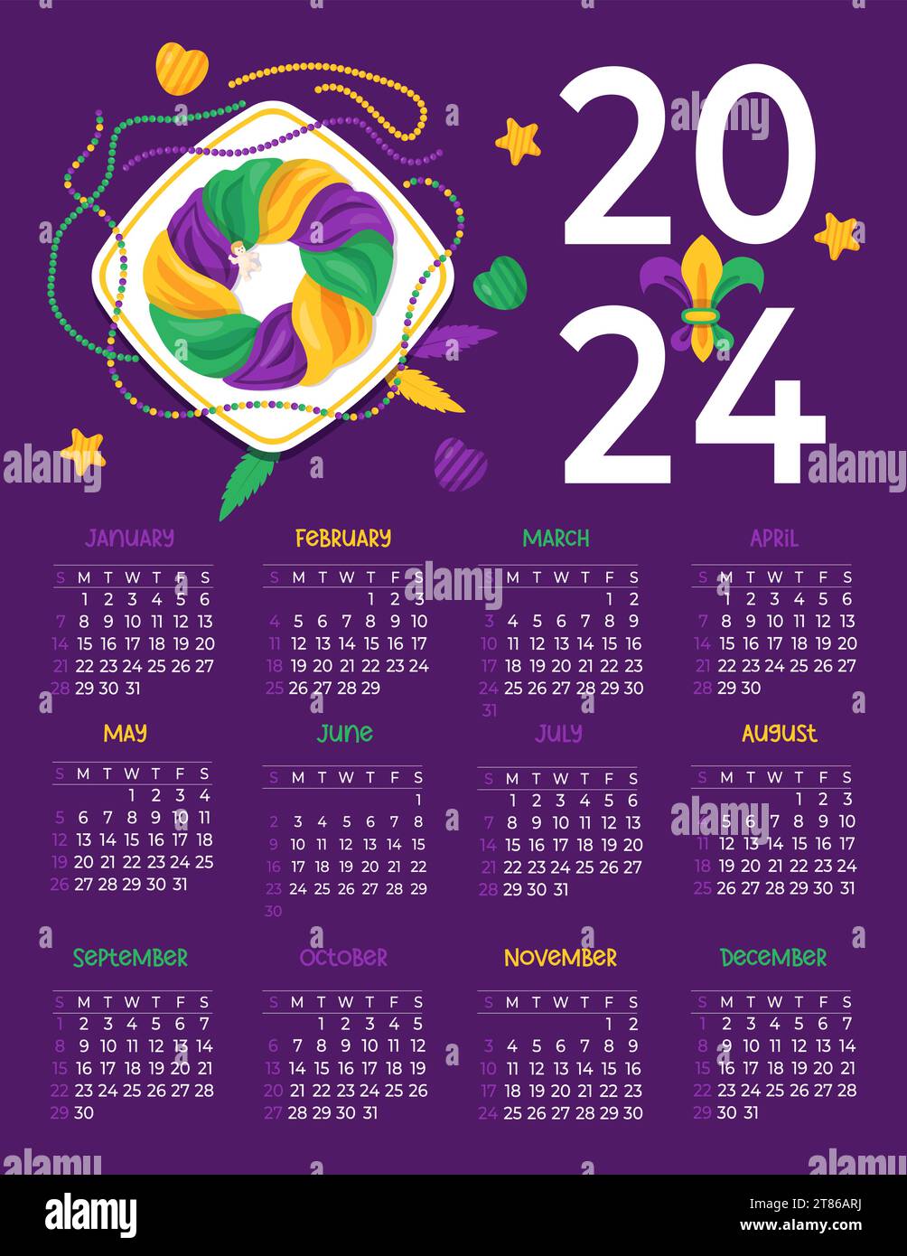 calendrier annuel 2024. Carnaval de Mardi gras. Gâteau roi festif avec ...