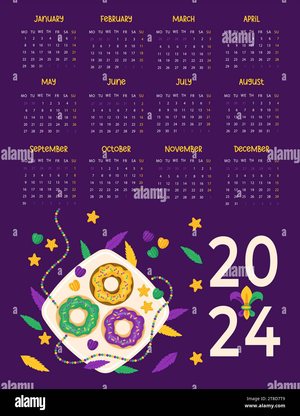calendrier annuel 2024. Carnaval de Mardi gras. King Cake. Beignets ...