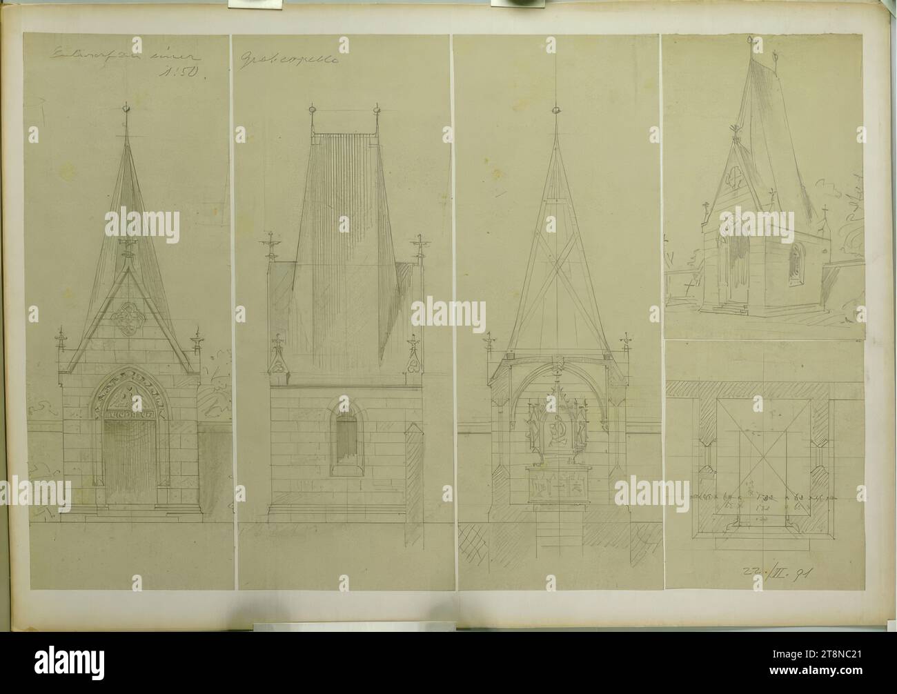 Ébauche pour une chapelle funéraire, plan au sol, élévation, coupe ...