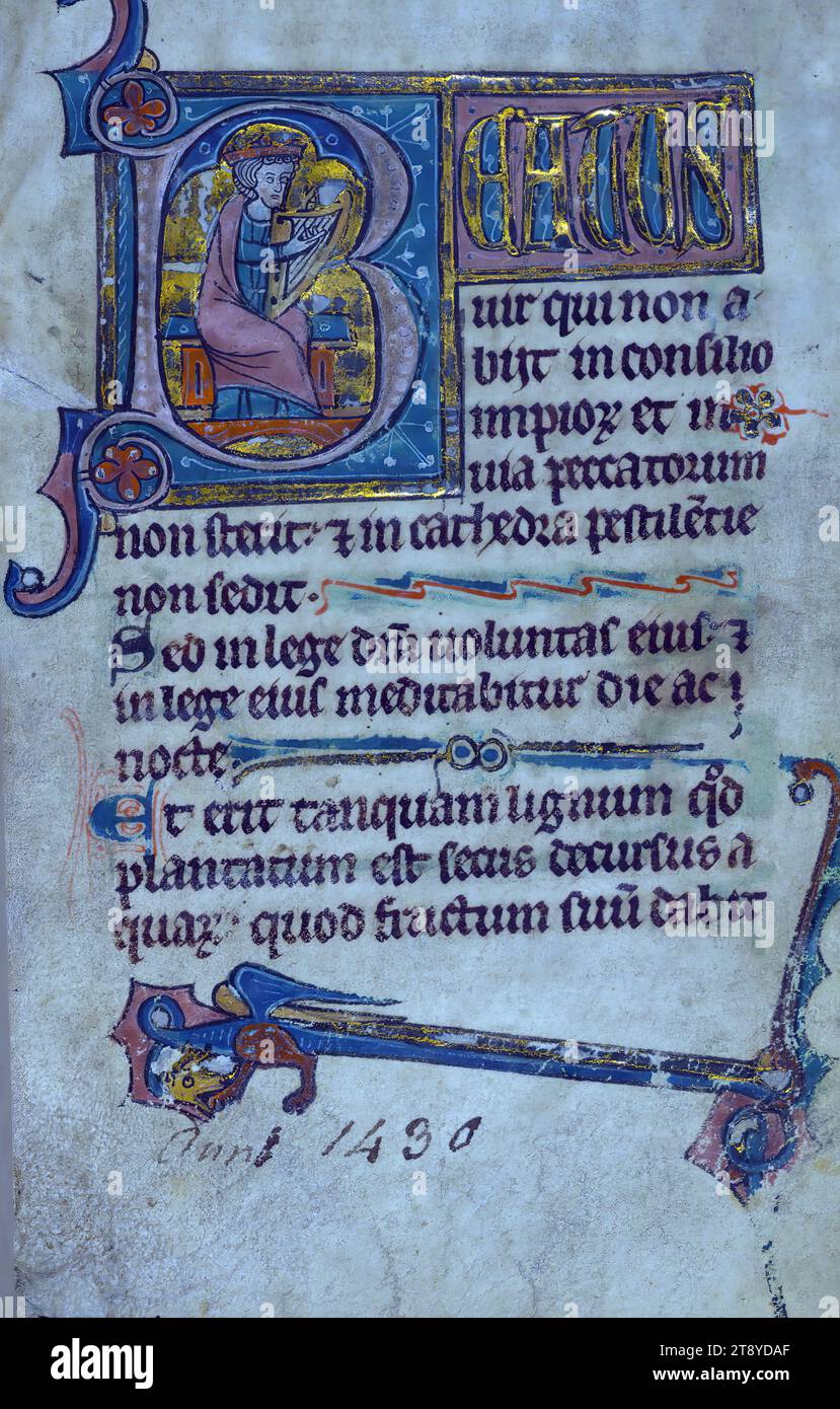 Psautier avec litanies ajoutées, initial 'B' avec David strumming une ...