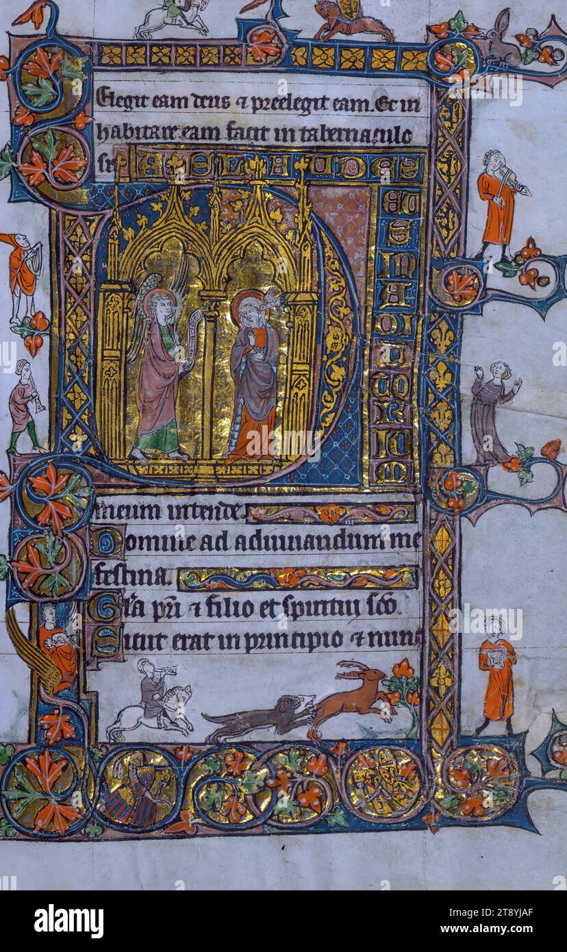Livre des heures, initiale 'd' avec l'Annonciation; drolleries et ...