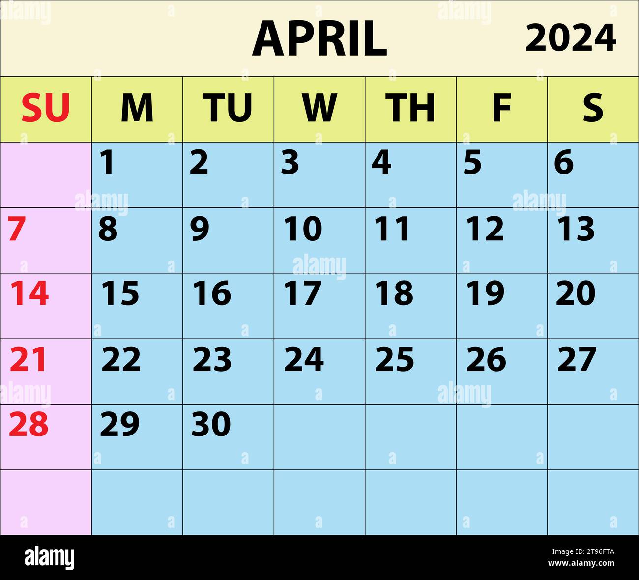 2024 avril calendrier du mois d'avril Illustrator vectoriel de couleur ...