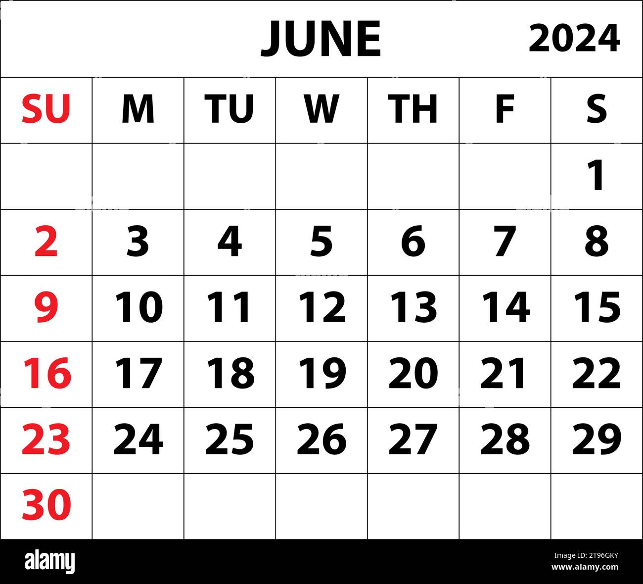 2024 JUIN calendrier du mois de JUIN Illustrator vectoriel de couleur ...