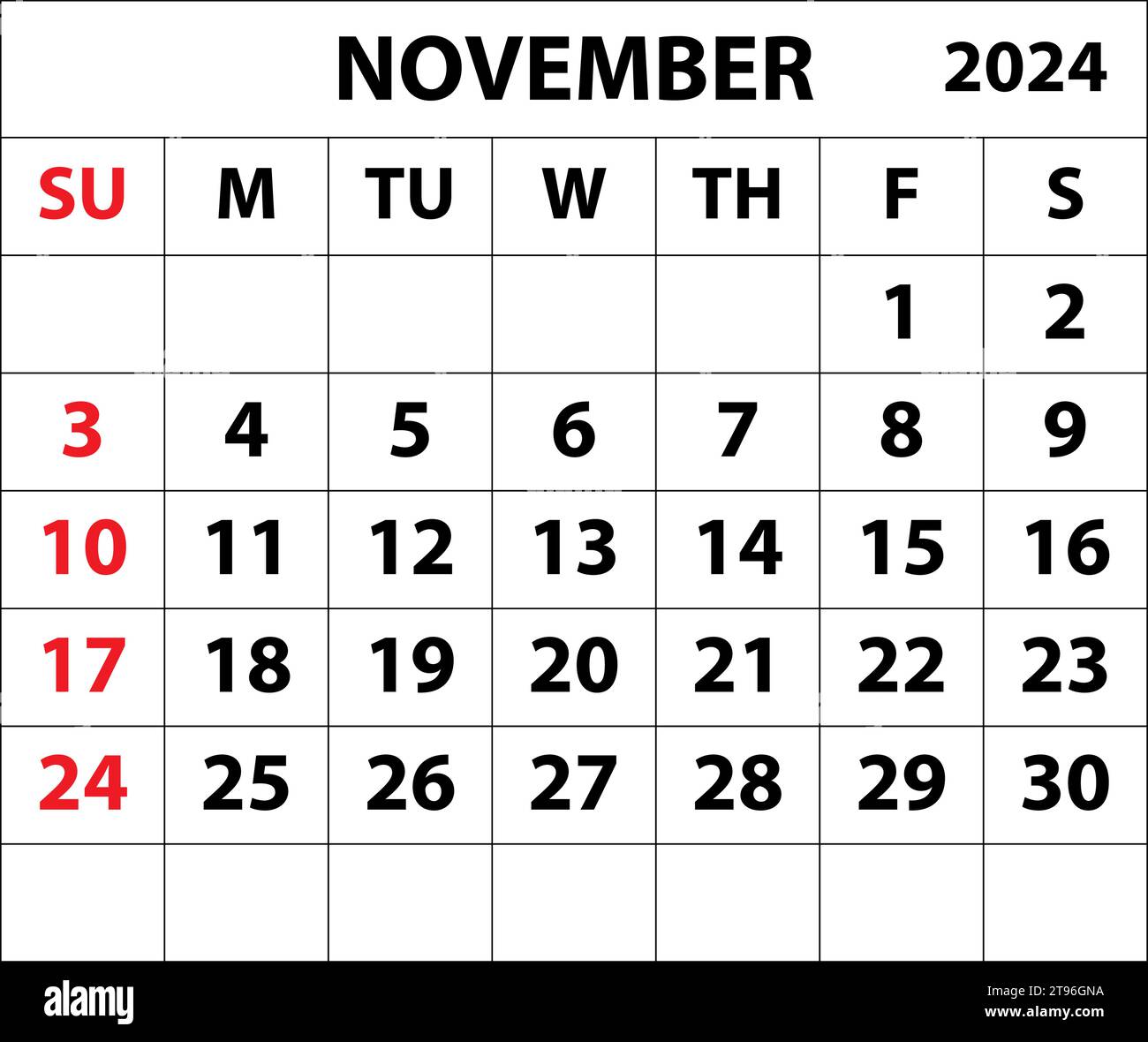 2024 novembre calendrier du mois conception de calendrier Illustrator ...