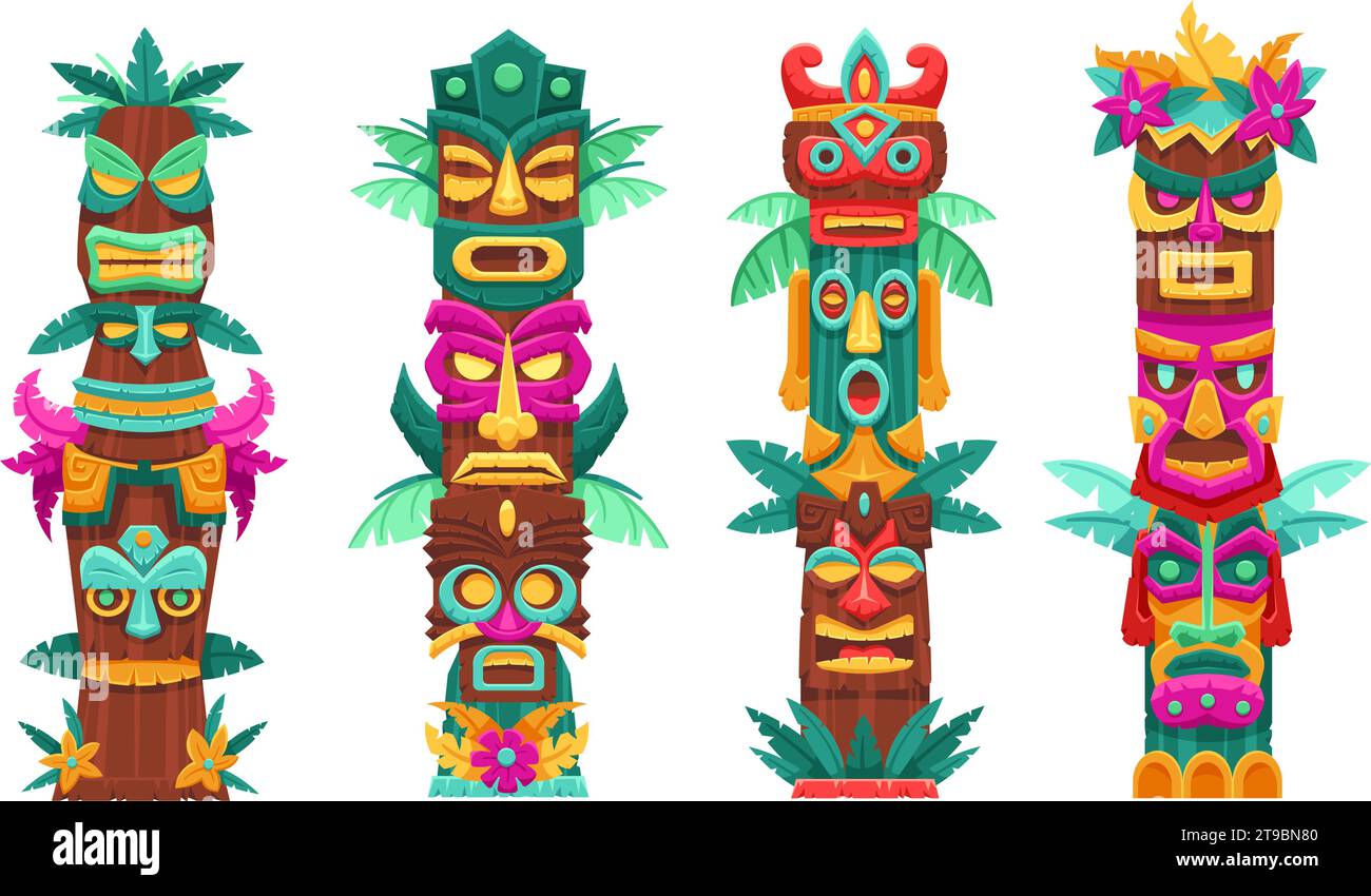 Masquez les totems. Sculptures tribales traditionnelles, visages de dieux tiki de l'île et ...