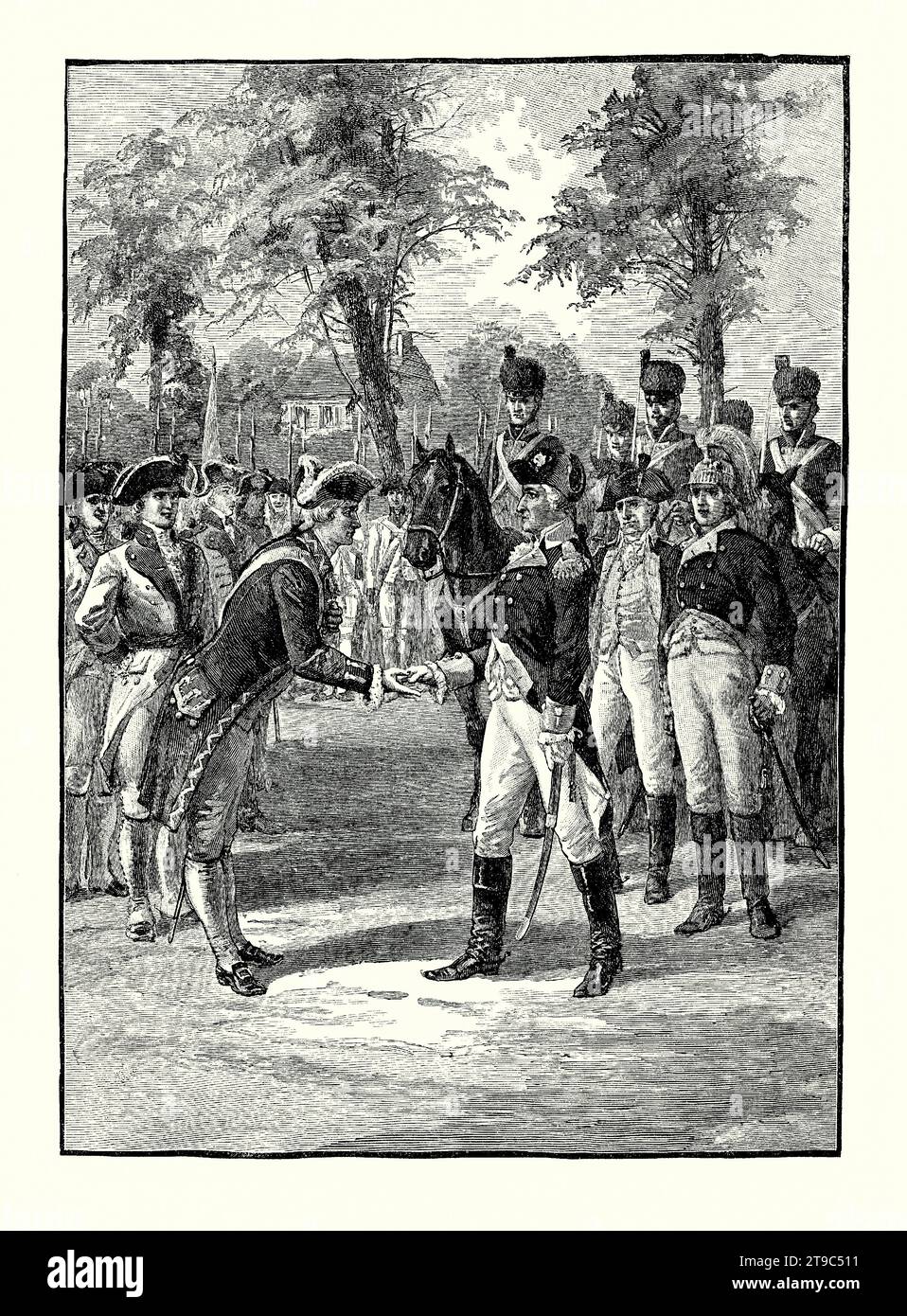 Une gravure ancienne montrant le général George Washington rencontrant ...