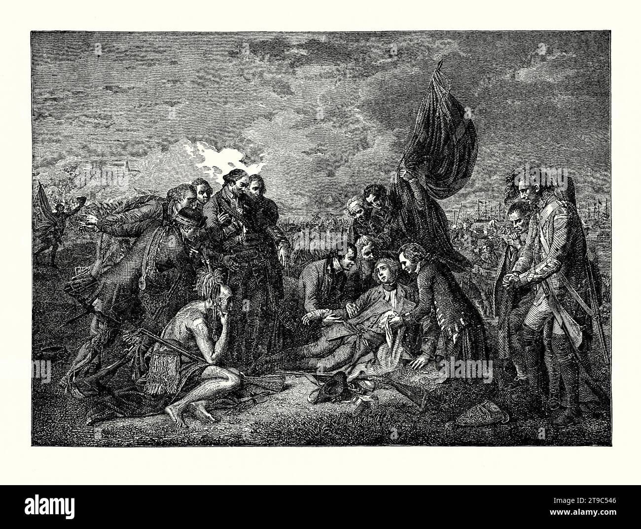 Une vieille gravure représentant la mort du général Wolfe à la bataille ...