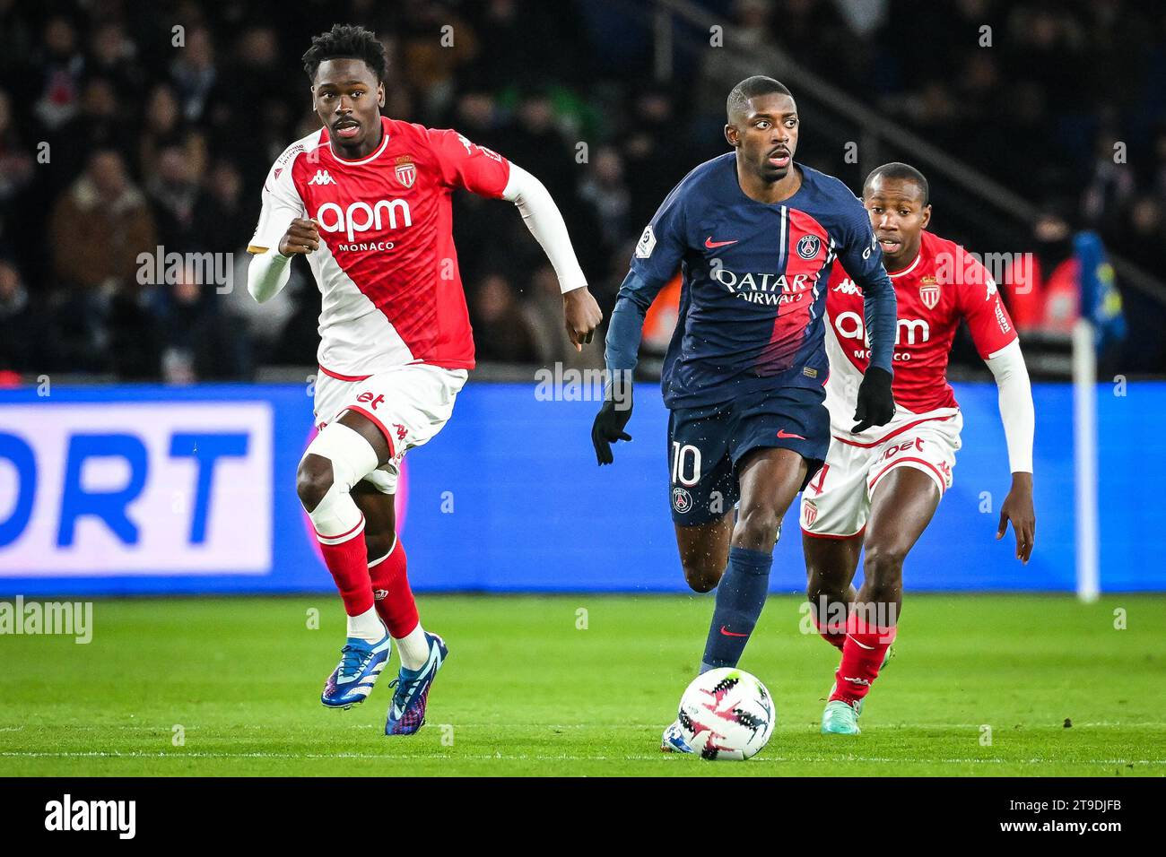 Soungoutou MAGASSA de Monaco, Ousmane DEMBELE du PSG et Mohamed CAMARA de Monaco lors du match ...