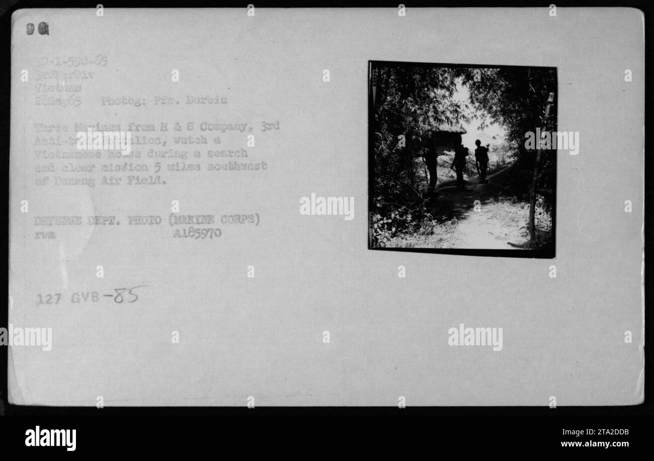 Les Marines de la compagnie B & B, 3e bataillon antichar, surveillent de près une maison ...