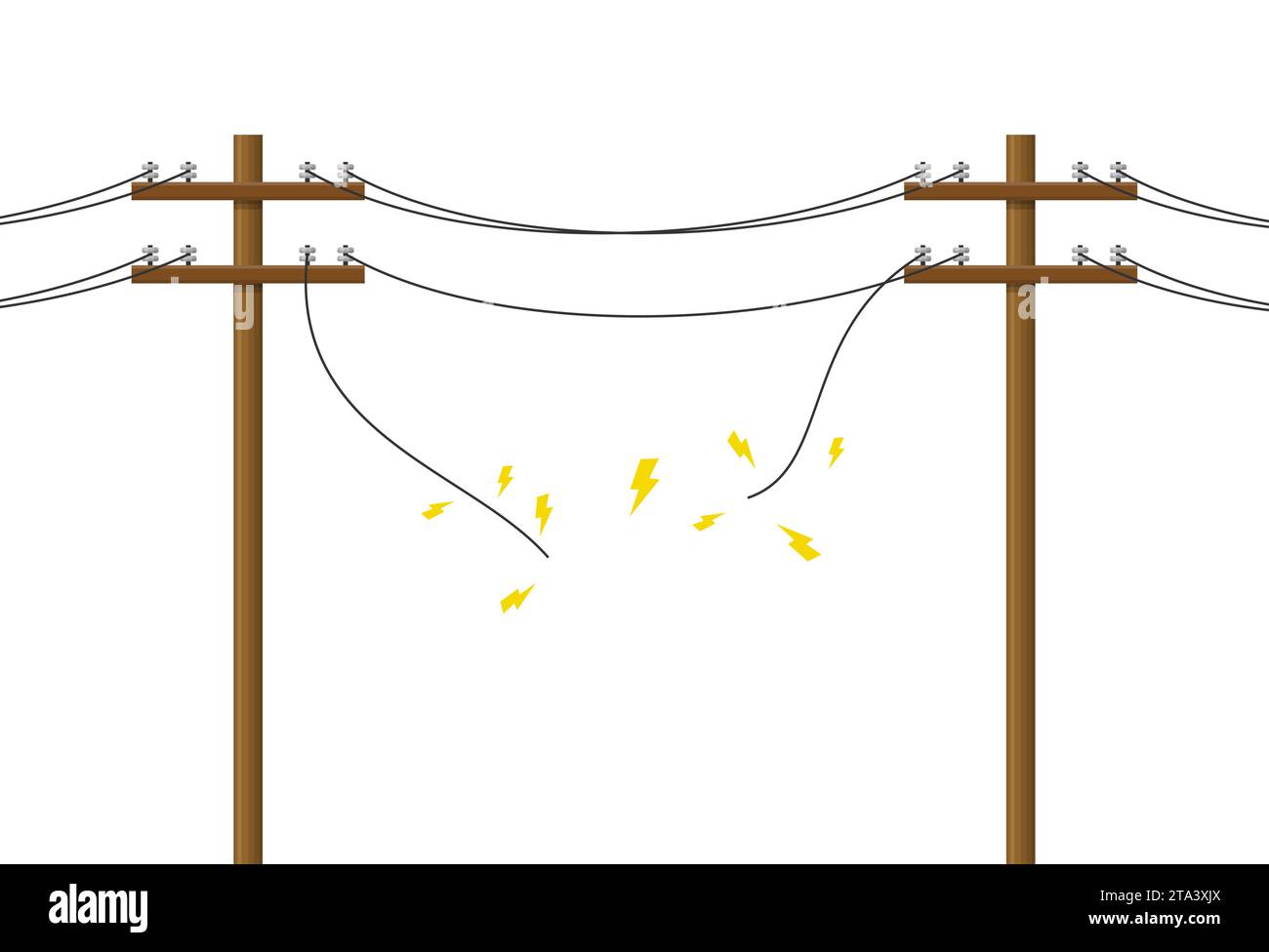 Pôle électrique cassé, court-circuit avec étincelle. Lignes électriques ...
