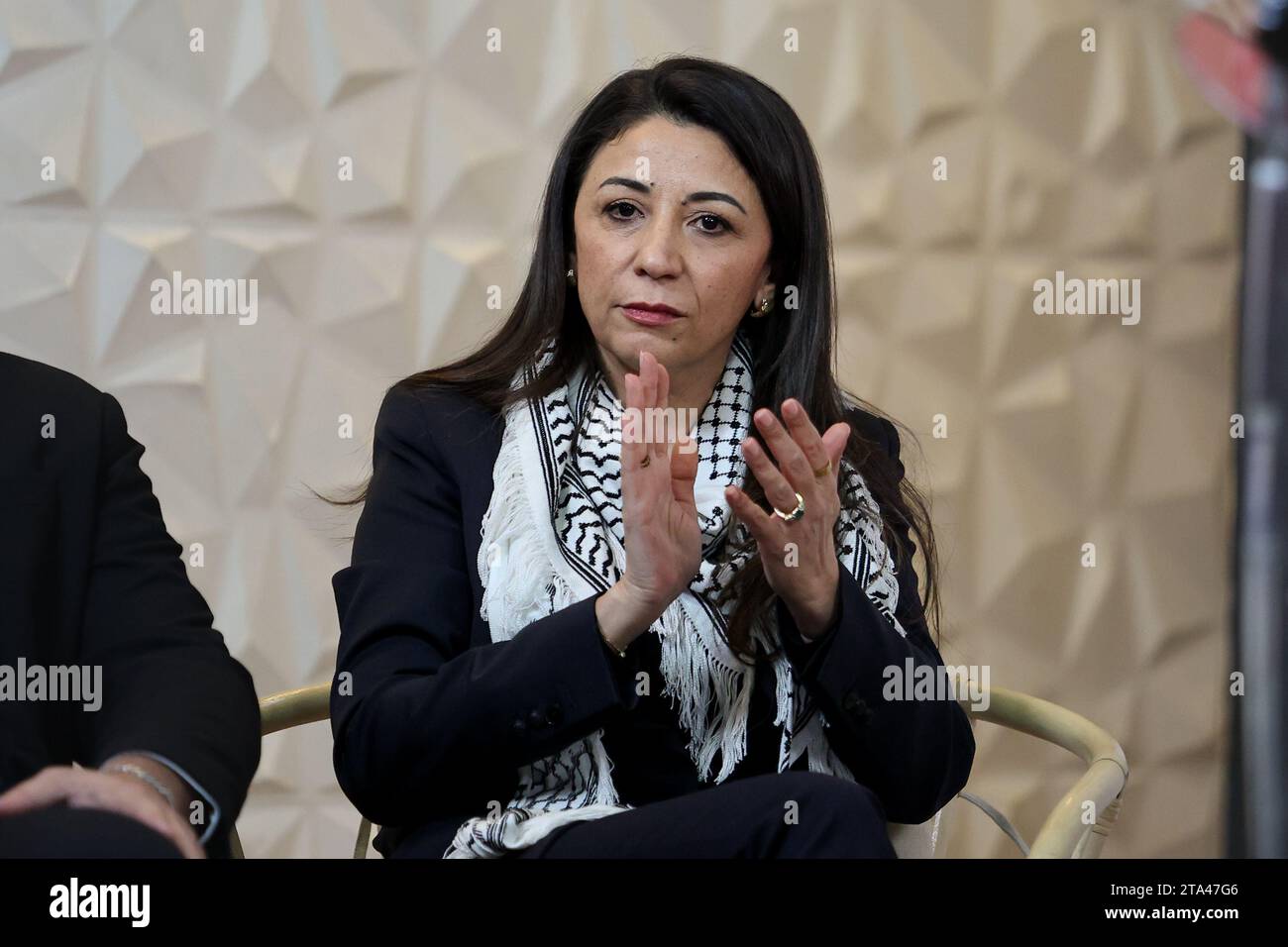 Marseille, France. 23 novembre 2023. Hala Abou Hassira, ambassadrice palestinienne en France ...