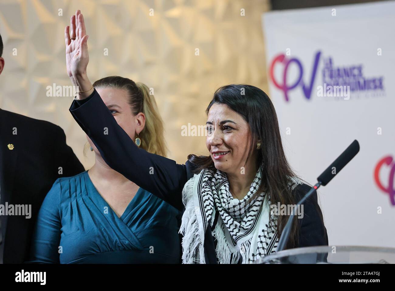 Marseille, France. 23 novembre 2023. Hala Abou Hassira, ambassadrice palestinienne en France ...