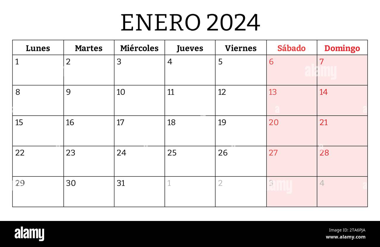 Calendrier mensuel espagnol de janvier 2024. Illustration imprimable ...