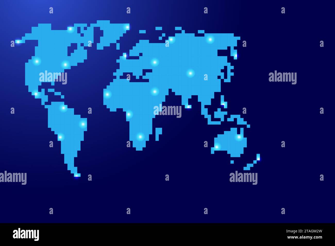 Silhouette de carte du monde à partir de pixels carrés bleus et étoiles ...