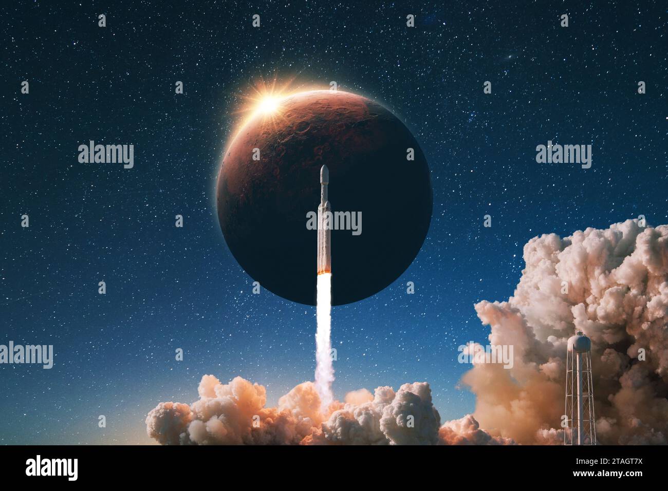 Fusée spatiale avec fumée et souffle décolle avec succès dans le ciel ...