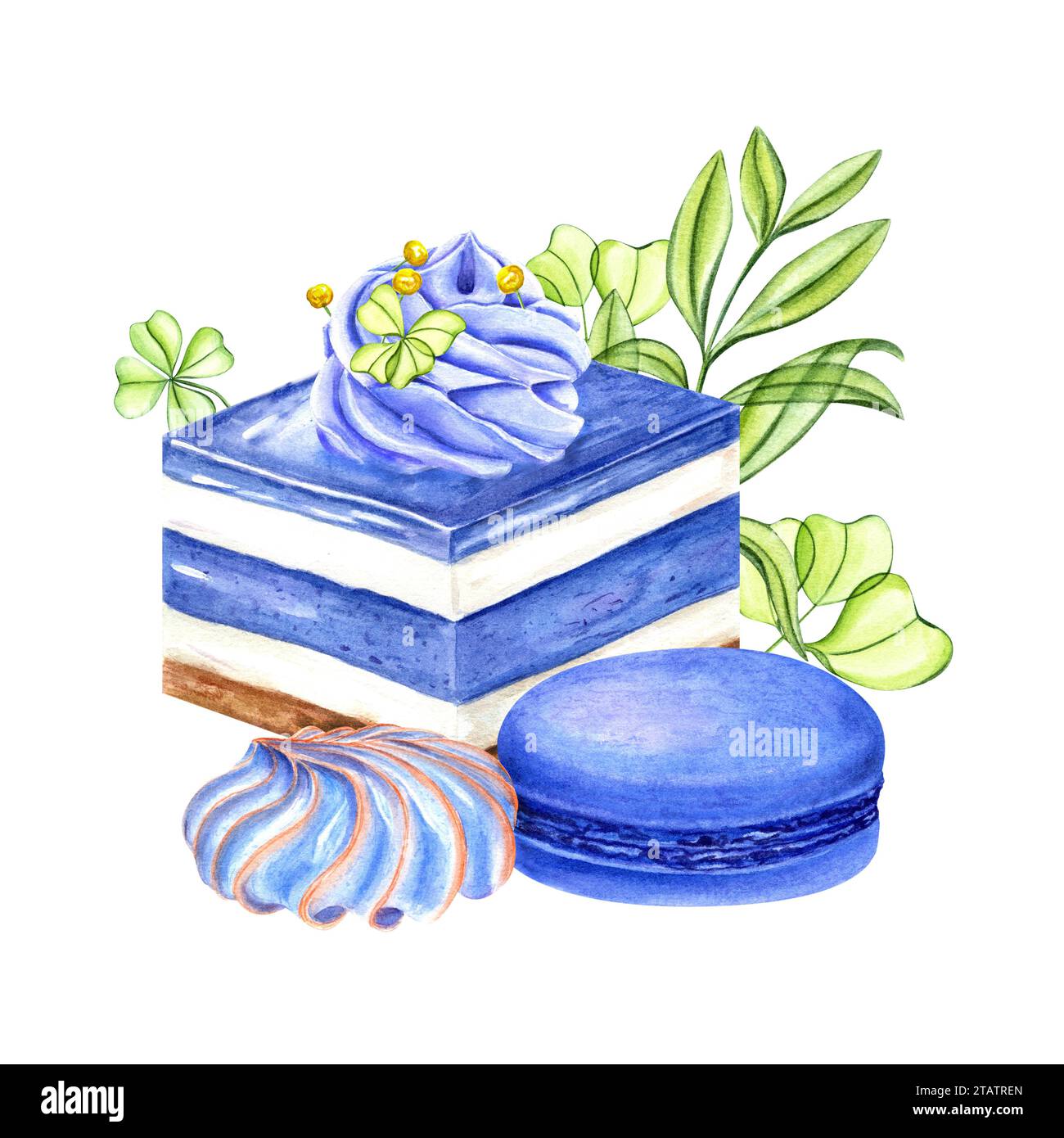 Bonbons entourés de feuilles vertes. Gâteau bleu, macarons français ...