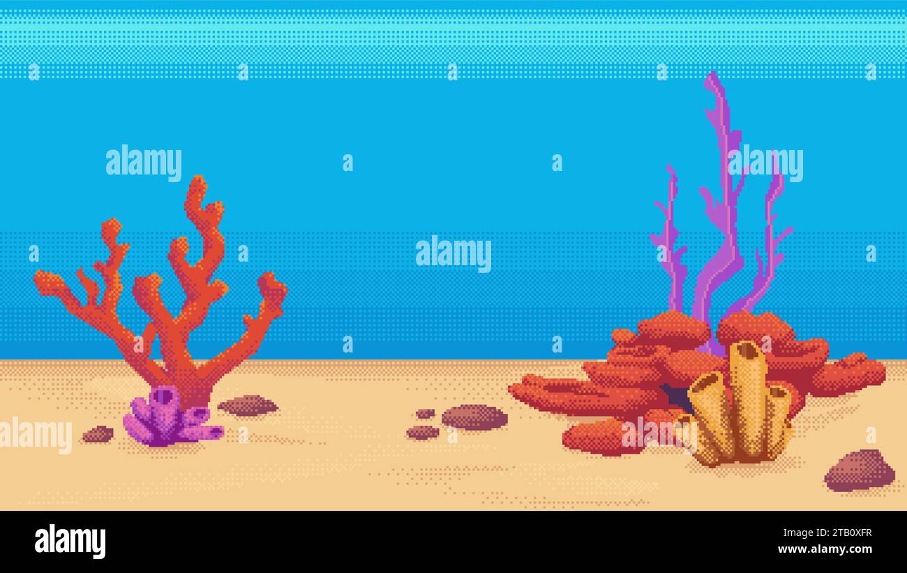 Pixel art fond sous-marin pour le jeu ou l'application mobile. Fond marin avec coraux et ...