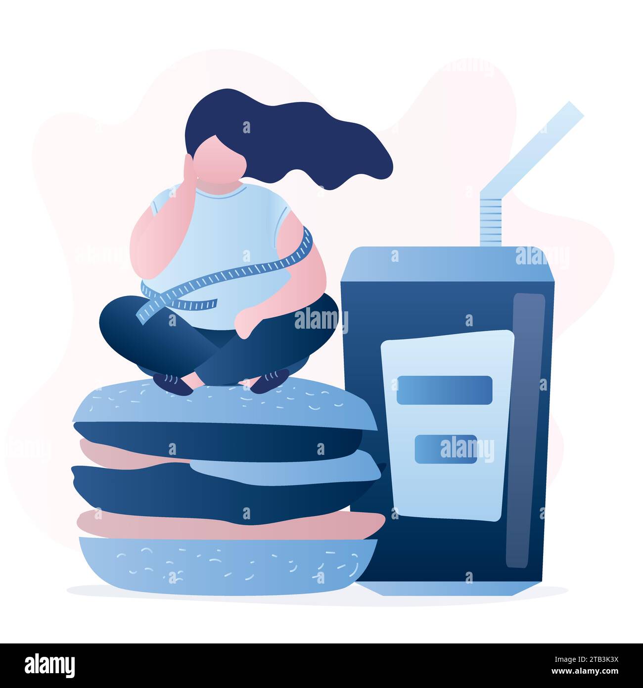 Tristesse grosse femme assise sur un grand hamburger. Restauration ...